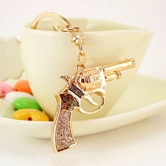 Accessories | Gold Pistol Bagkey Charm With Rhinestones | Poshmark